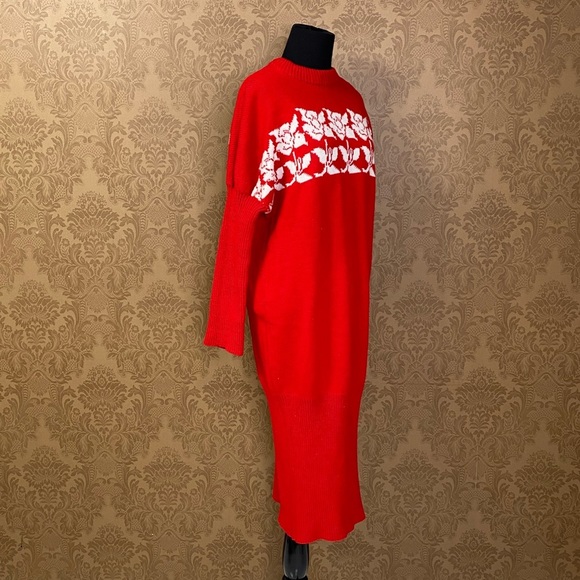 Vintage | Dresses | Vintage 8s Bright Red Floral Rose Midi Sweater ...